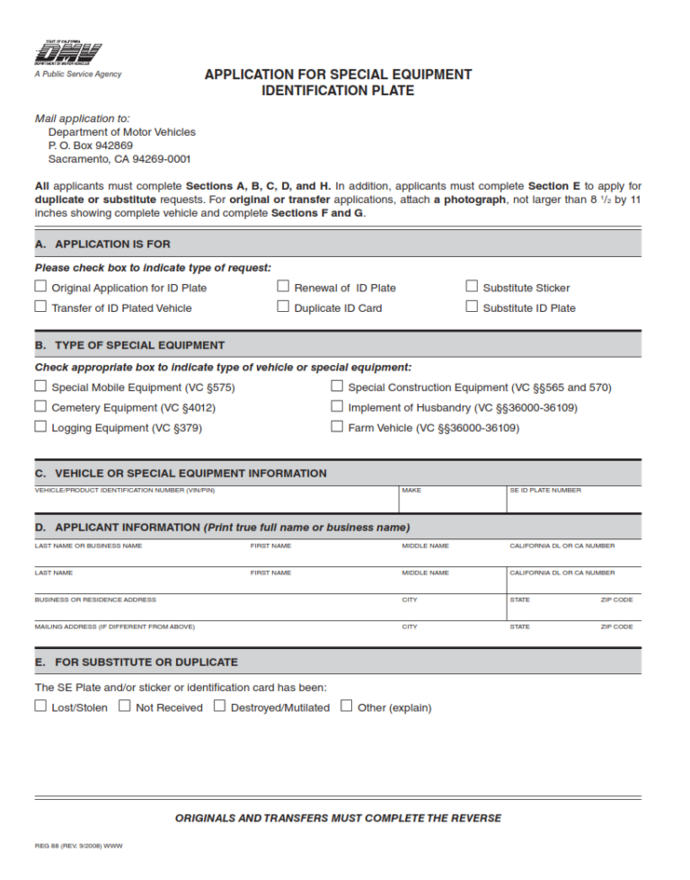 REG 88 – Application for Special Equipment Identification Plate ...