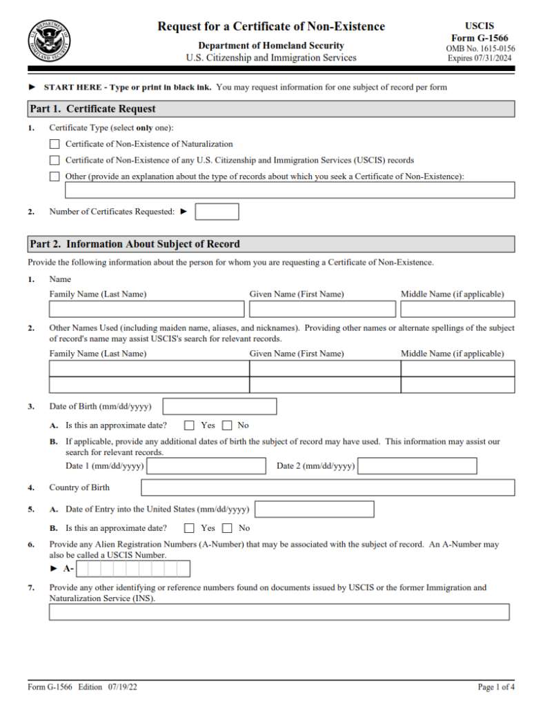 G-1566 Form – Request for Certificate of Non-Existence | Finder Doc