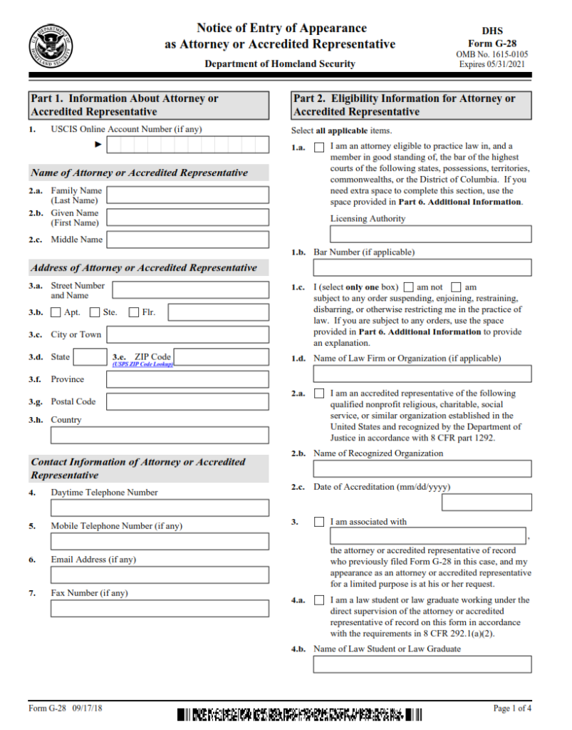G-28 Form – Notice of Entry of Appearance as Attorney or Accredited ...
