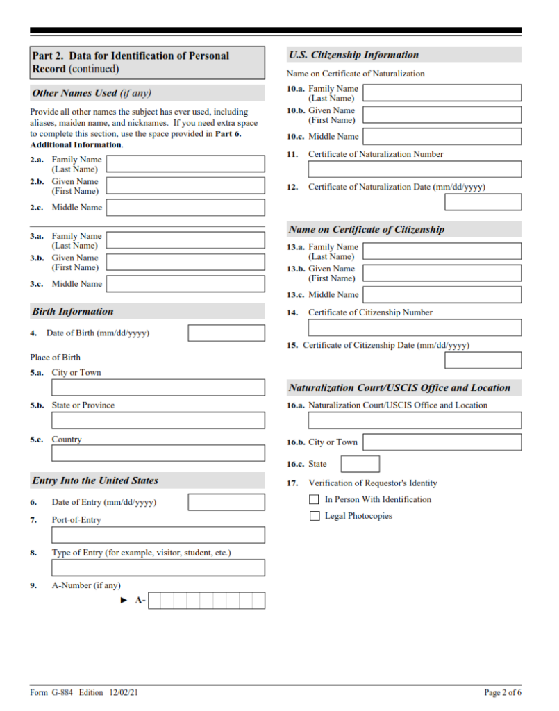 G-884 Form – Request for the Return of Original Documents | Finder Doc