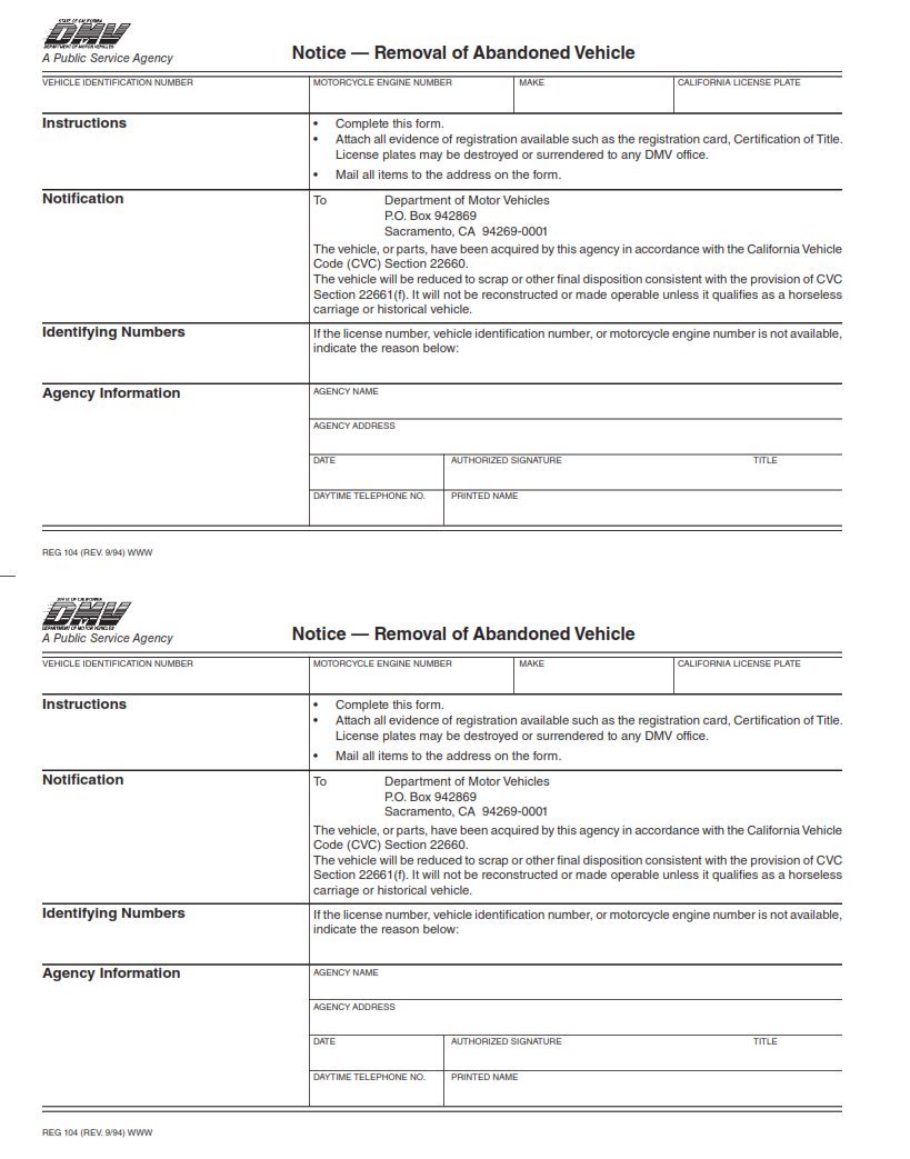 REG 104 – Notice – Removal Of Abandoned Vehicle | Finder Doc