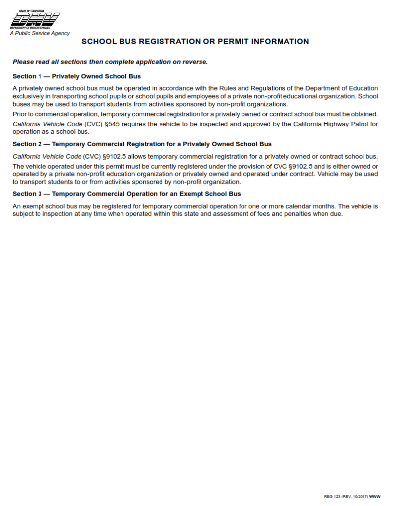 REG 123 – School Bus Registration Or Permit Application | Finder Doc