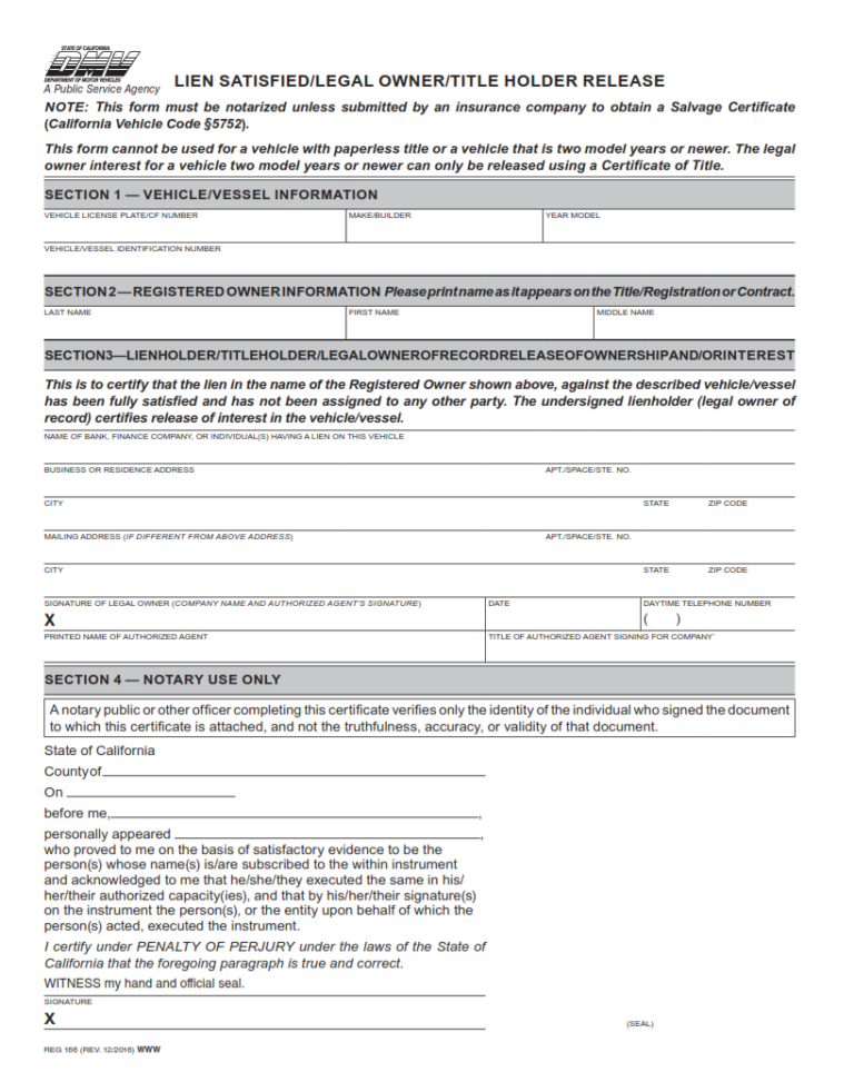 REG 166 – Lien Satisfied/Title Holder Release | Finder Doc