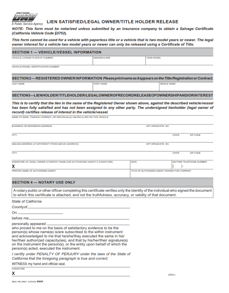 REG 166 – Lien Satisfied/Title Holder Release | Finder Doc