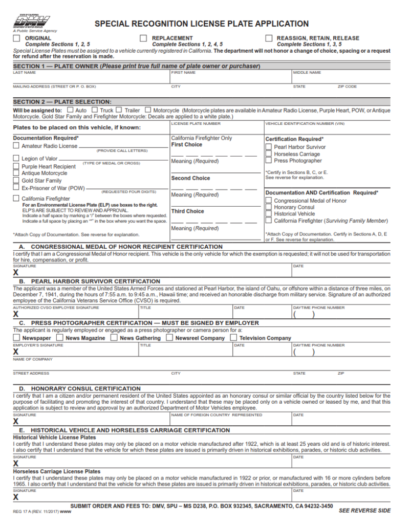 REG 17A – Special Recognition License Plate Application | Finder Doc