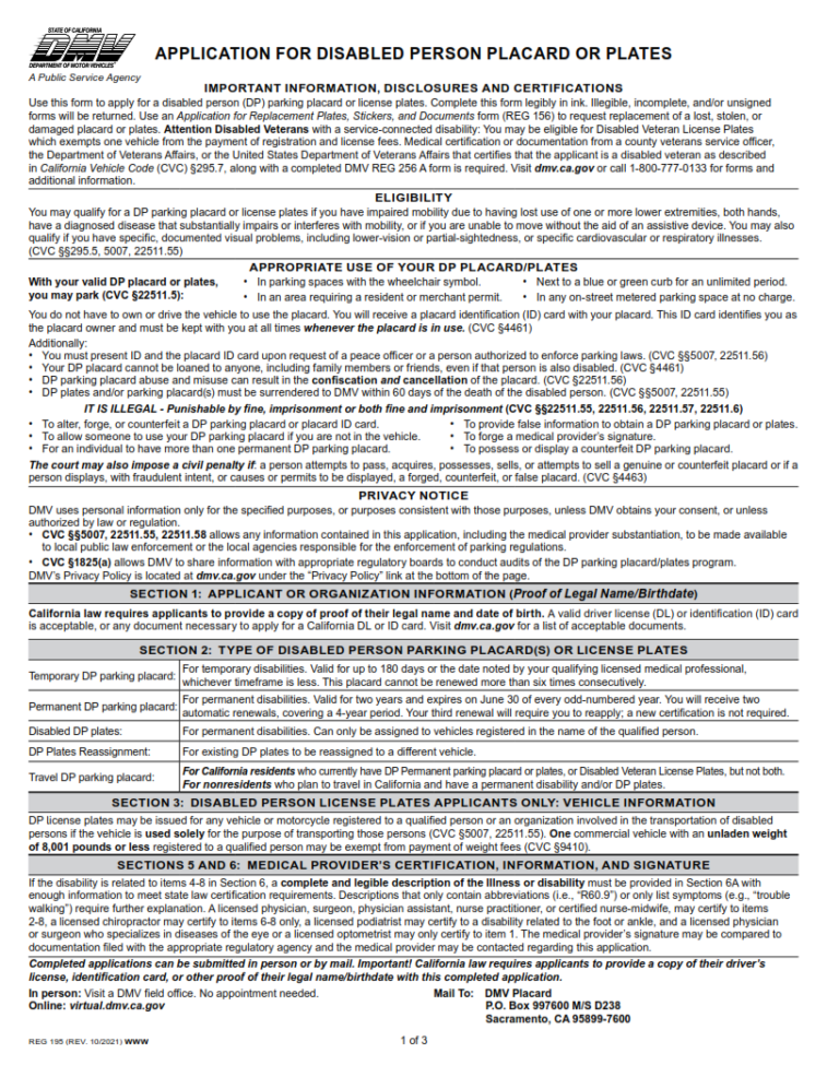 REG 195 – Application For Disabled Person Placard Or Plates | Finder Doc