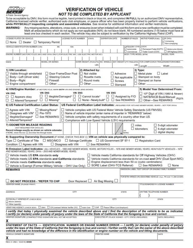 REG 31 – Verification of Vehicle (Not to be completed by applicant) | Finder Doc
