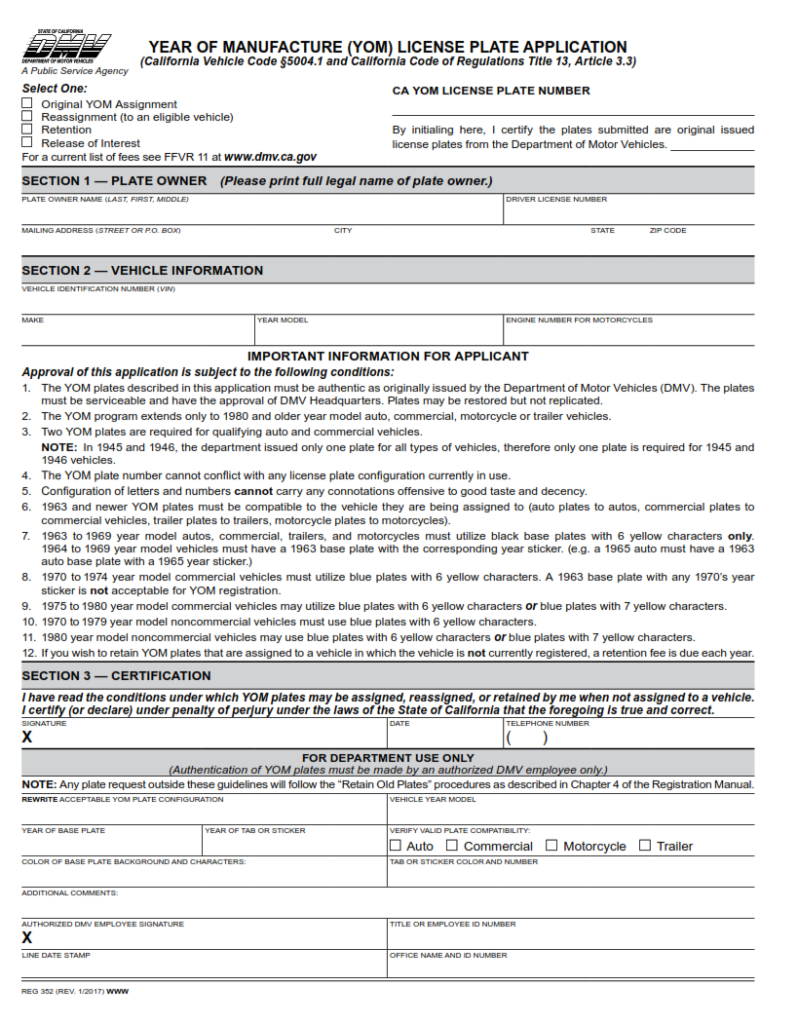 REG 352 – Year of Manufacture (YOM) License Plate Application | Finder Doc