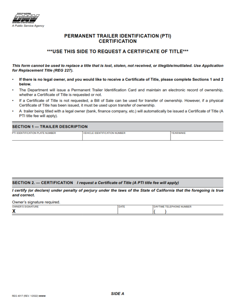 REG 4017 – Permanent Trailer Identification Certification | Finder Doc