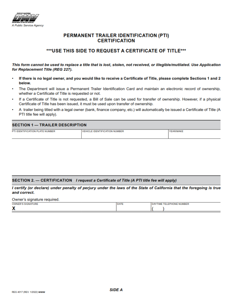 REG 4017 – Permanent Trailer Identification Certification | Finder Doc
