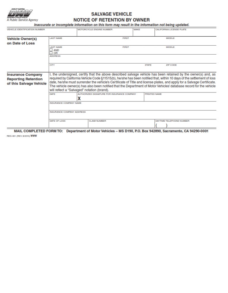 REG 481 – Salvage Vehicle Notice of Retention by Owner | Finder Doc