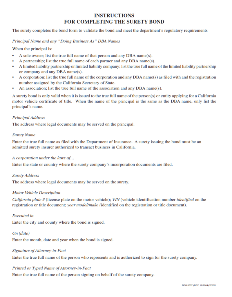 REG 5057 – Motor Vehicle Ownership Surety Bond | Finder Doc