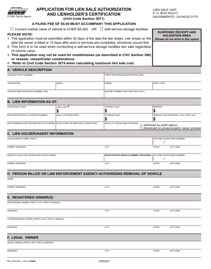 REG 656 – Application For Authorization For Lien Sale Of A Lien Sale ...