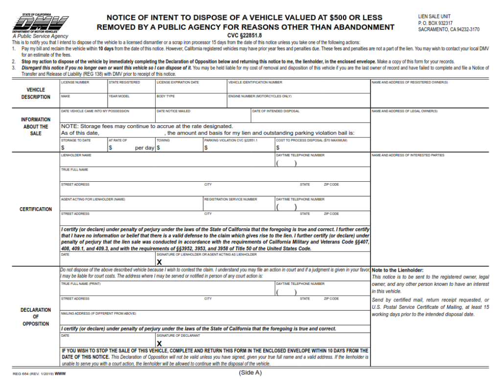 REG 684 – Notice of Intent to Dispose of a Vehicle Valued $500 Or Less ...