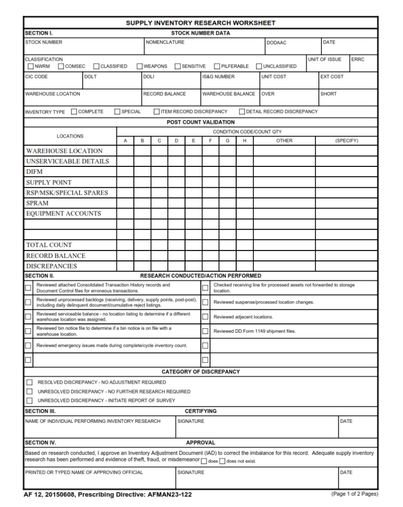 AF Form 12 – Supply Inventory Research Worksheet | Finder Doc