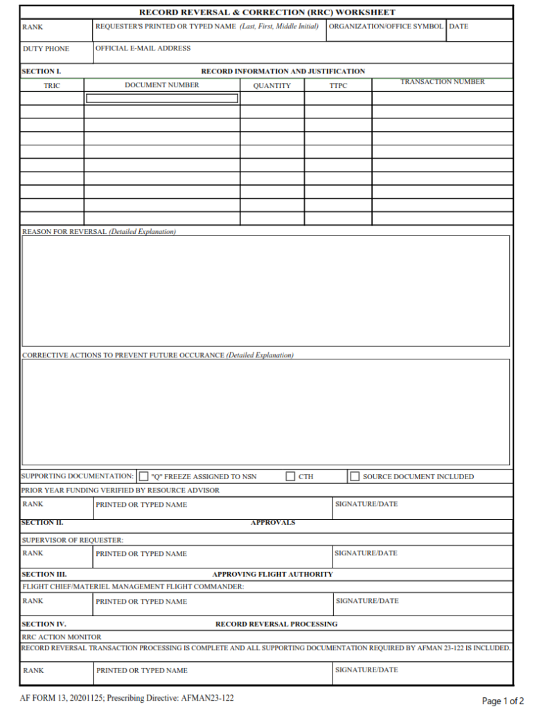 AF Form 13 – Record Reversal & Correction (RRC) Worksheet | Finder Doc