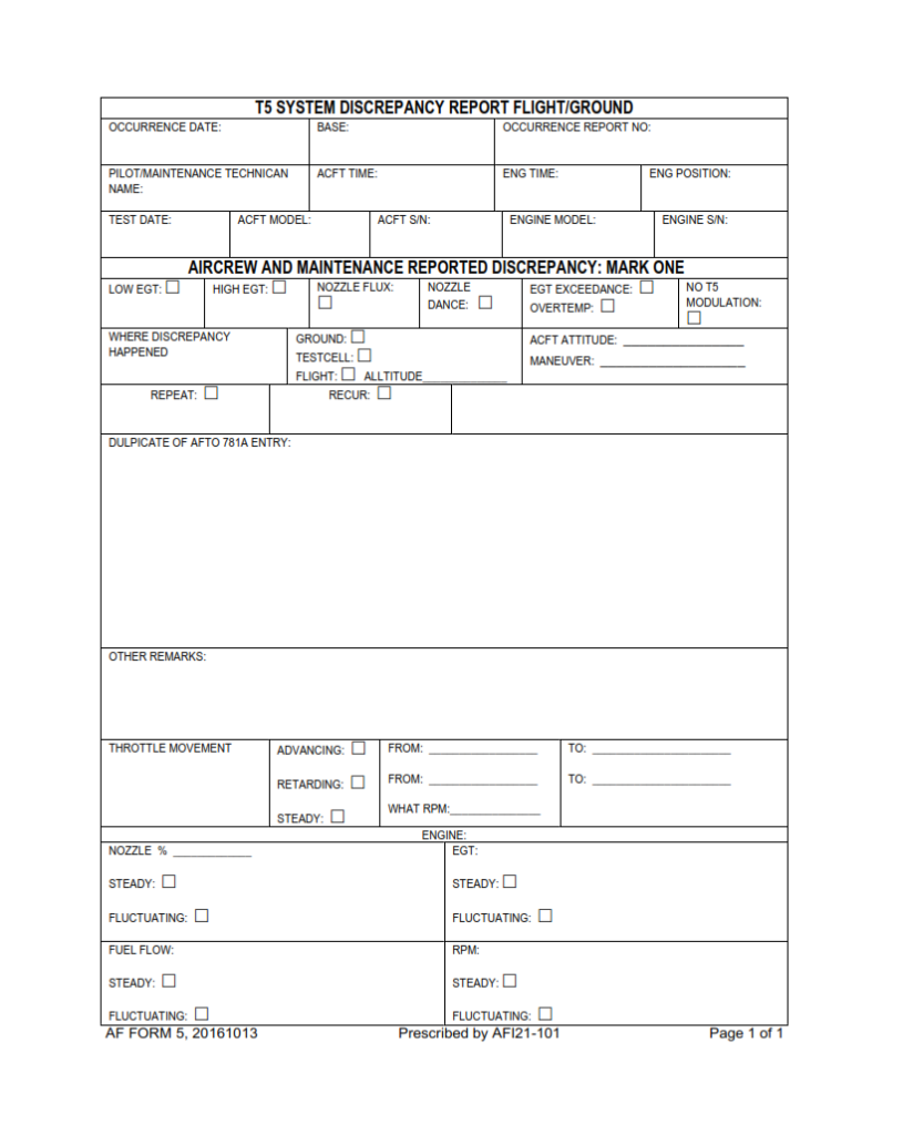 AF Form 5 – T5 System Discrepancy Report Flight/Ground | Finder Doc