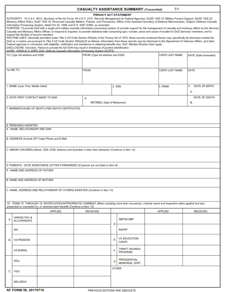 AF Form 58 – Casualty Assistance Summary | Finder Doc