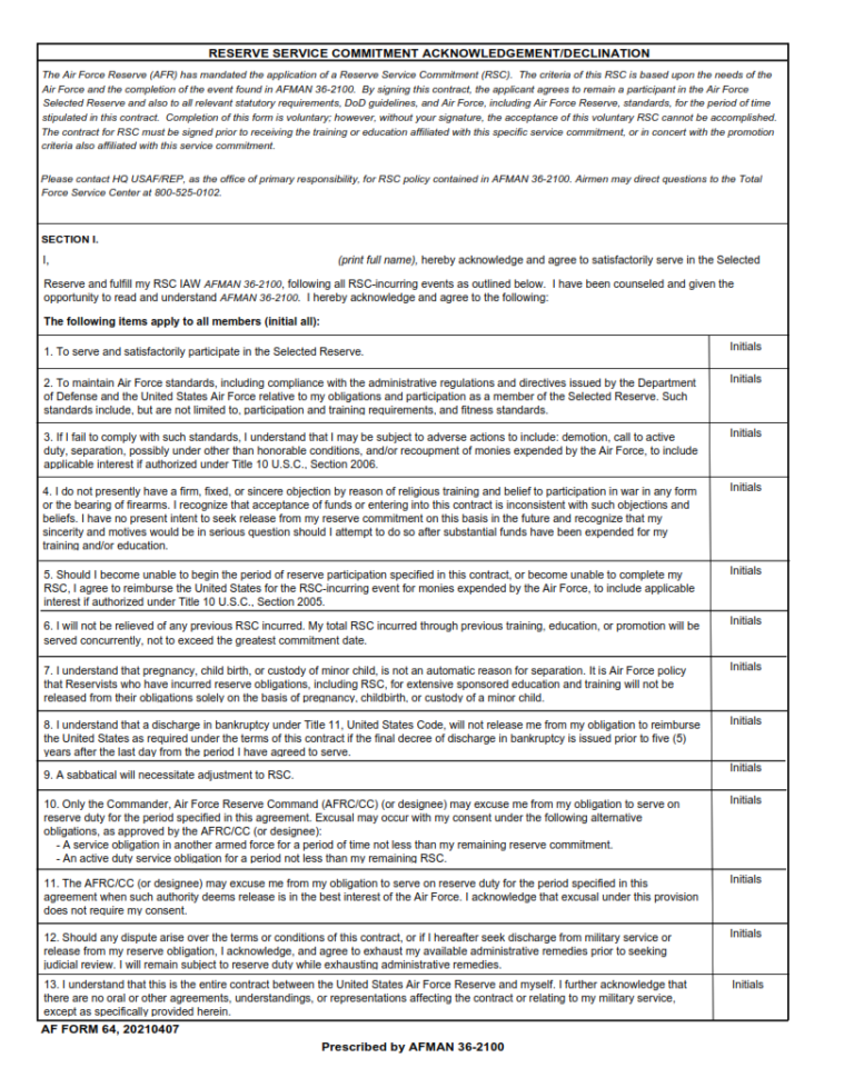 AF Form 64 – Reserve Service Commitment Acknowledgement/Declination ...