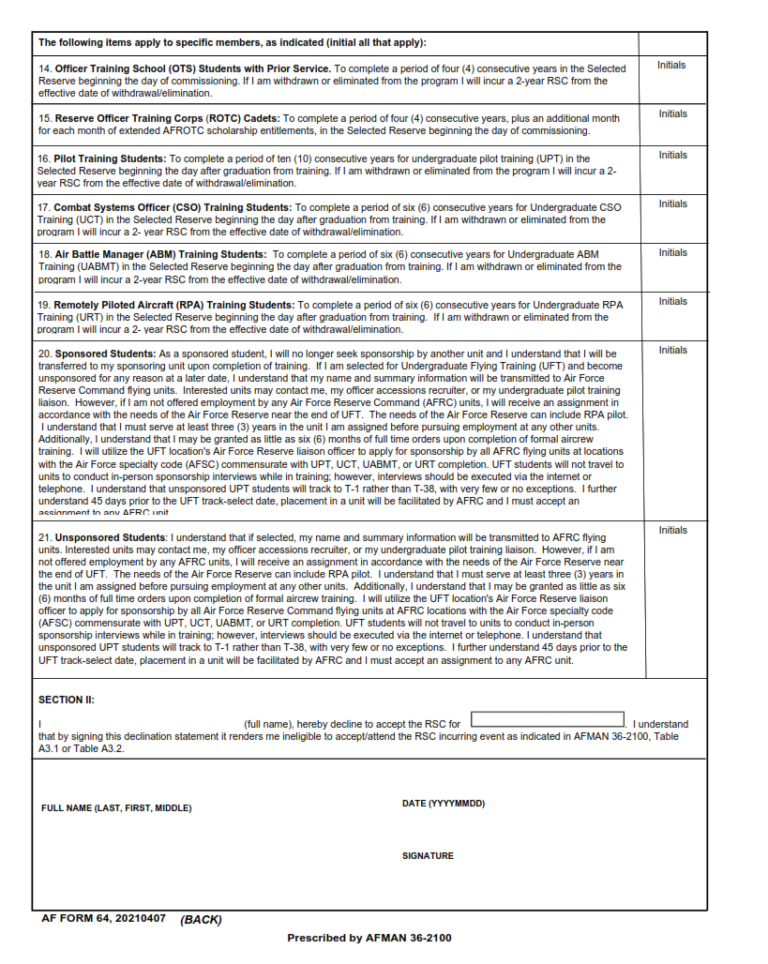 AF Form 64 – Reserve Service Commitment Acknowledgement/Declination ...