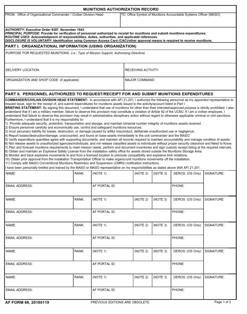 AF Form 68 – Munitions Authorization Record | Finder Doc