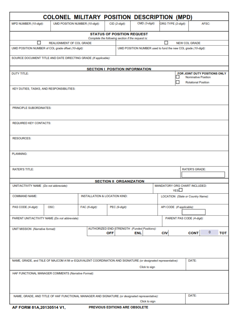 AF Form 81A – Colonel Military Position Description (MPD) | Finder Doc