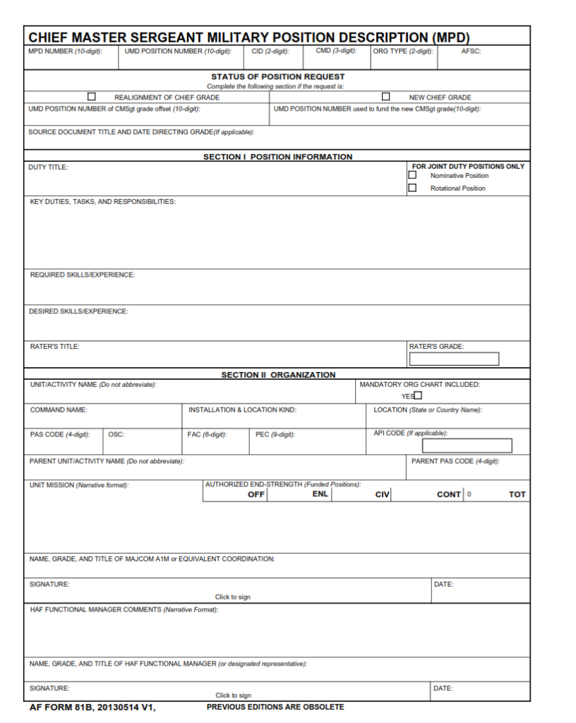 AF Form 81B – Chief Master Sergeant Military Position Description (MPD ...