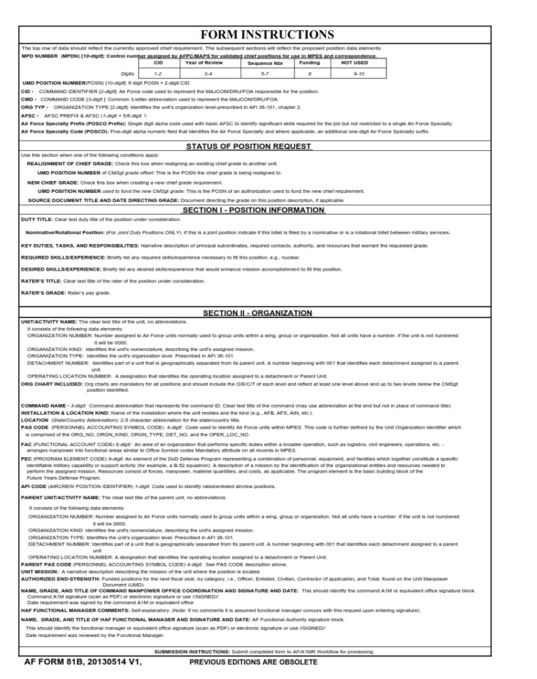 AF Form 81B – Chief Master Sergeant Military Position Description (MPD ...