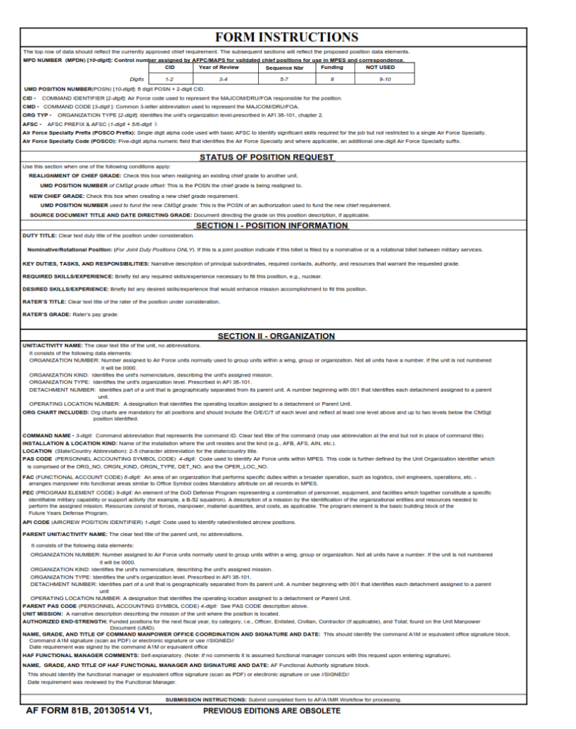 AF Form 81B – Chief Master Sergeant Military Position Description (MPD ...