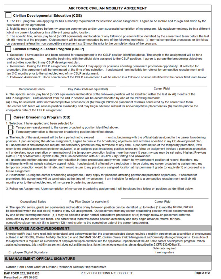 DAF Form 202 – Department Of The Air Force Civilian Mobility Agreement ...