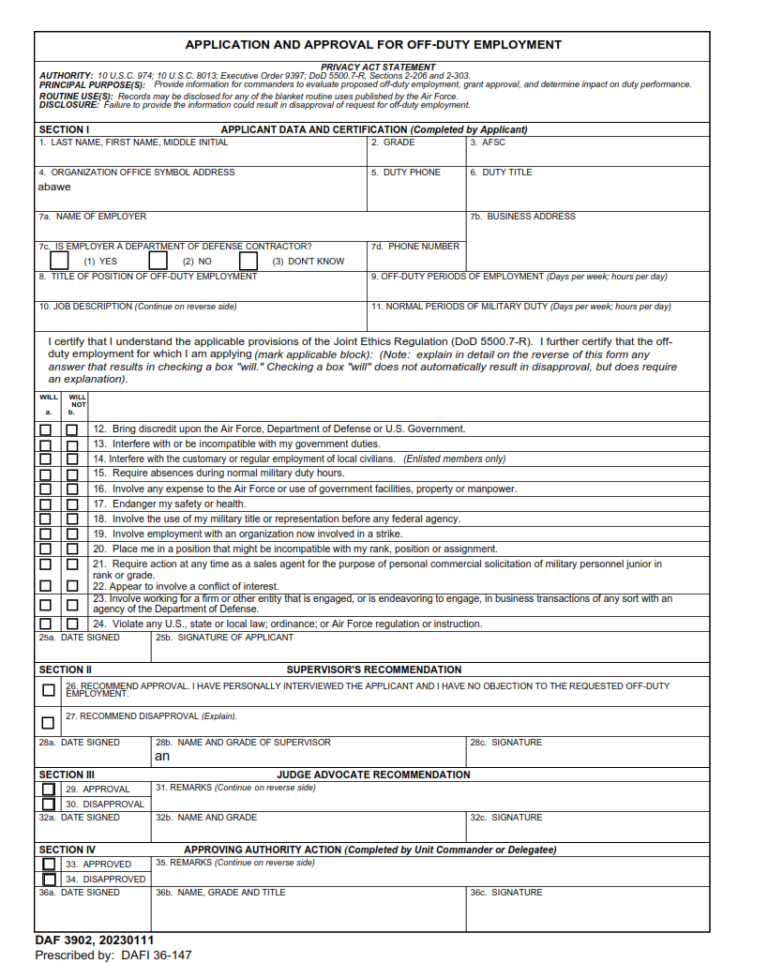 DAF Form 3902 – Application And Approval For Off-Duty Employment ...