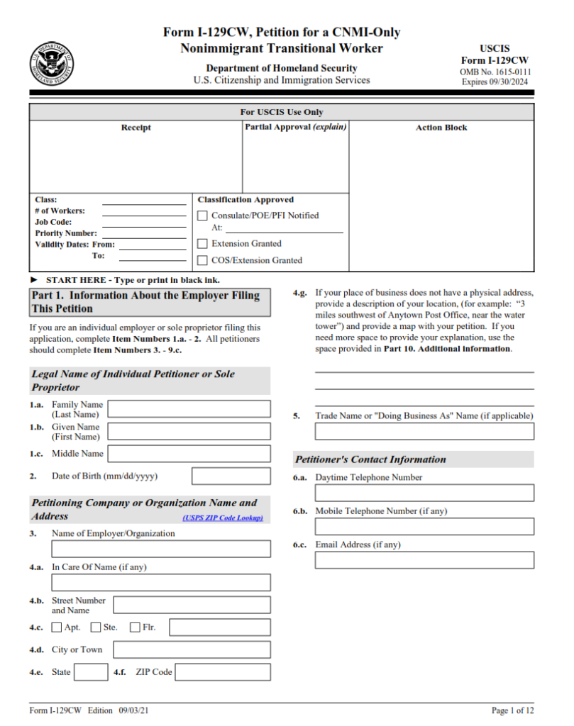 I-129CW Form – Petition for a CNMI-Only Nonimmigrant Transitional ...