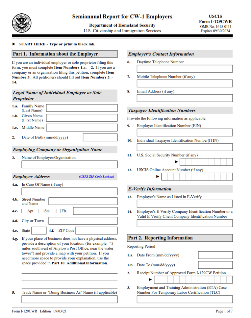 I-129CWR Form – Semiannual Report for CW-1 Employers | Finder Doc