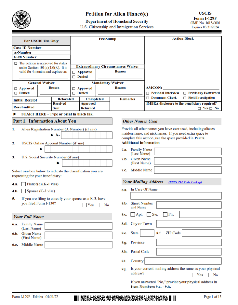 I-129F Form – Petition for Alien Fiancé(e) | Finder Doc
