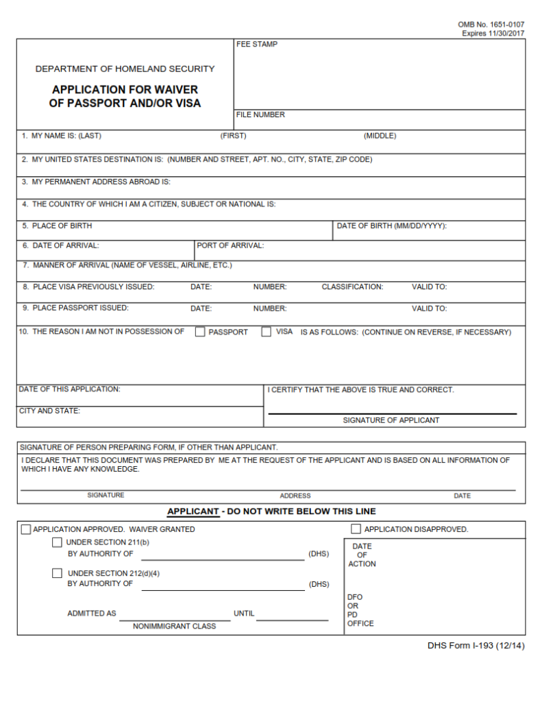 I-193 Form – Application for Waiver of Passport and/or Visa | Finder Doc