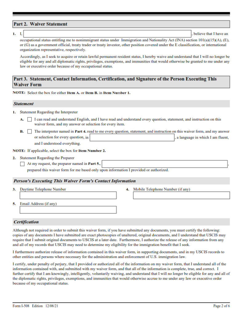 I-508 Form – Request for Waiver of Certain Rights, Privileges ...