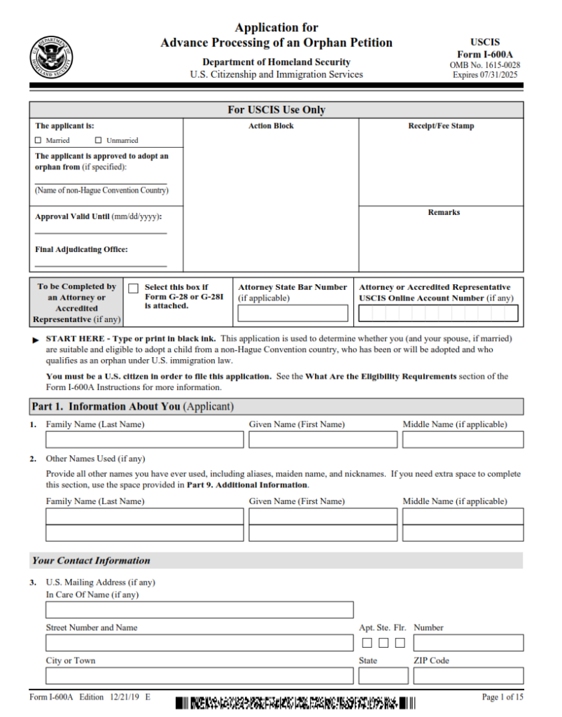 I-600A Form – Application for Advance Processing of an Orphan Petition ...