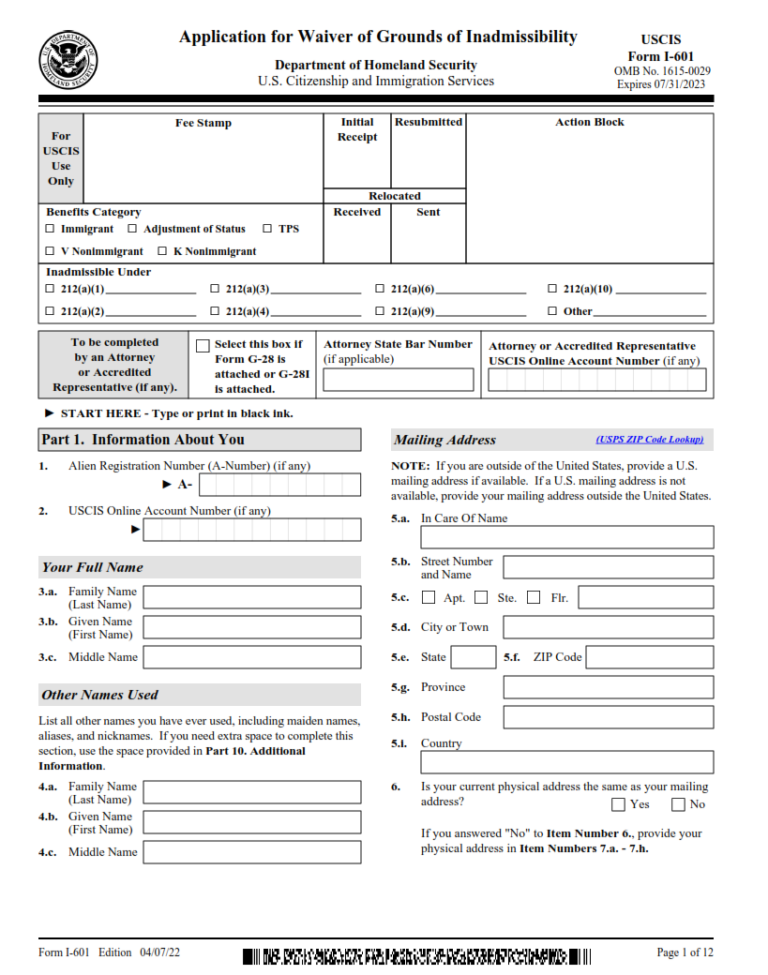 I-601 Form – Application for Waiver of Grounds of Inadmissibility ...