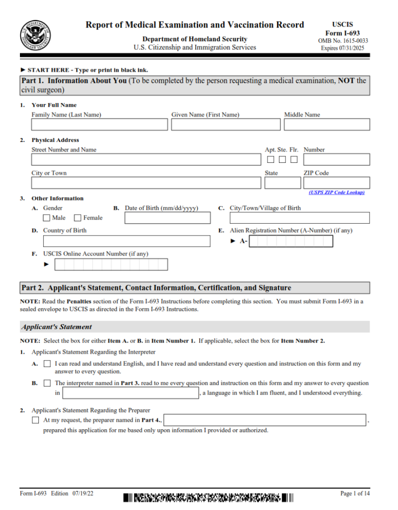 I-693 Form – Report of Medical Examination and Vaccination Record ...