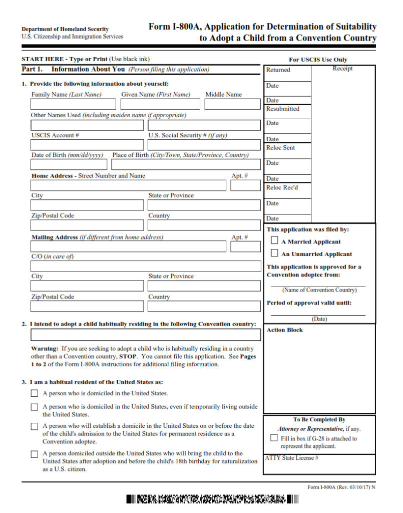I-800A Form – Application for Determination of Suitability to Adopt a ...