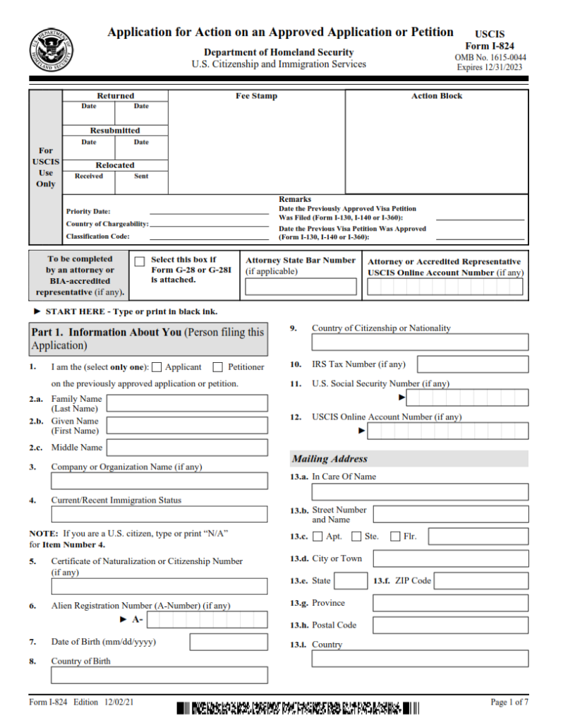 I-824 Form – Application for Action on an Approved Application or ...