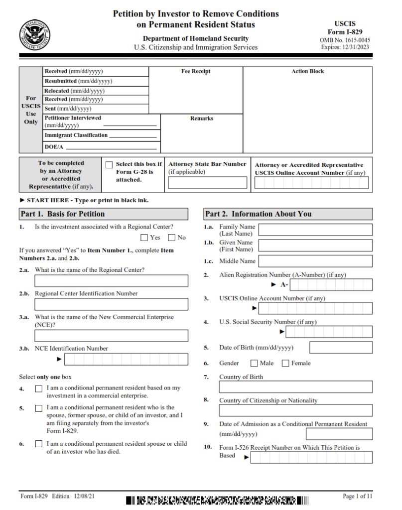 I-829 Form – Petition by Investor to Remove Conditions on Permanent Resident Status | Finder Doc