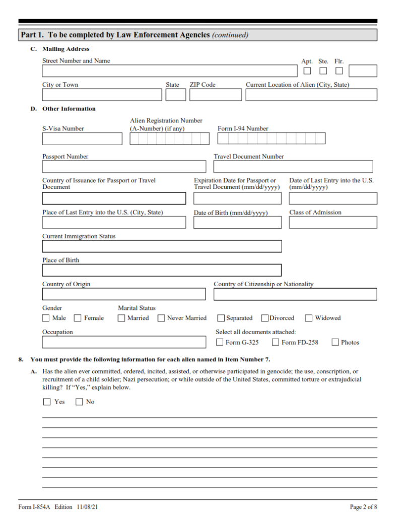 I-854 Form – Inter-Agency Alien Witness and Informant Record | Finder Doc