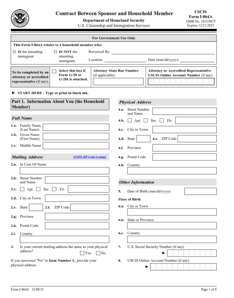 I-864A Form – Contract Between Sponsor and Household Member | Finder Doc