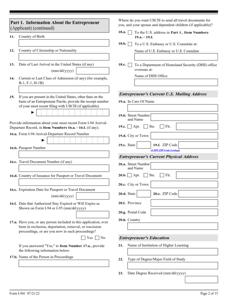 I-941 Form – Application for Entrepreneur Parole | Finder Doc