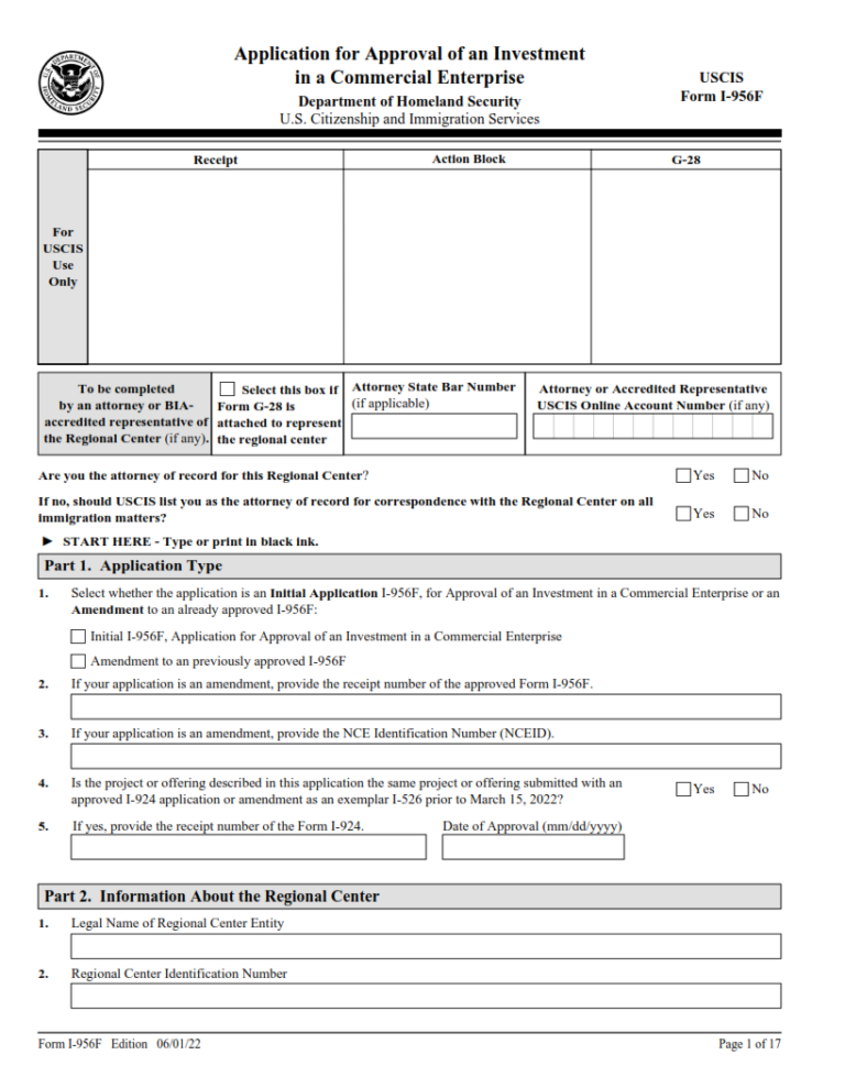 I-956F Form – Application for Approval of an Investment in a Commercial ...
