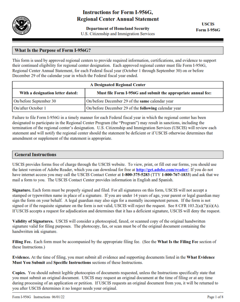 I-956G Form – Regional Center Annual Statement | Finder Doc