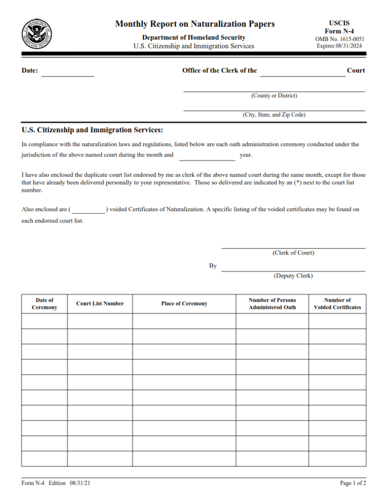 N-4 Form – Monthly Report Naturalization Papers | Finder Doc
