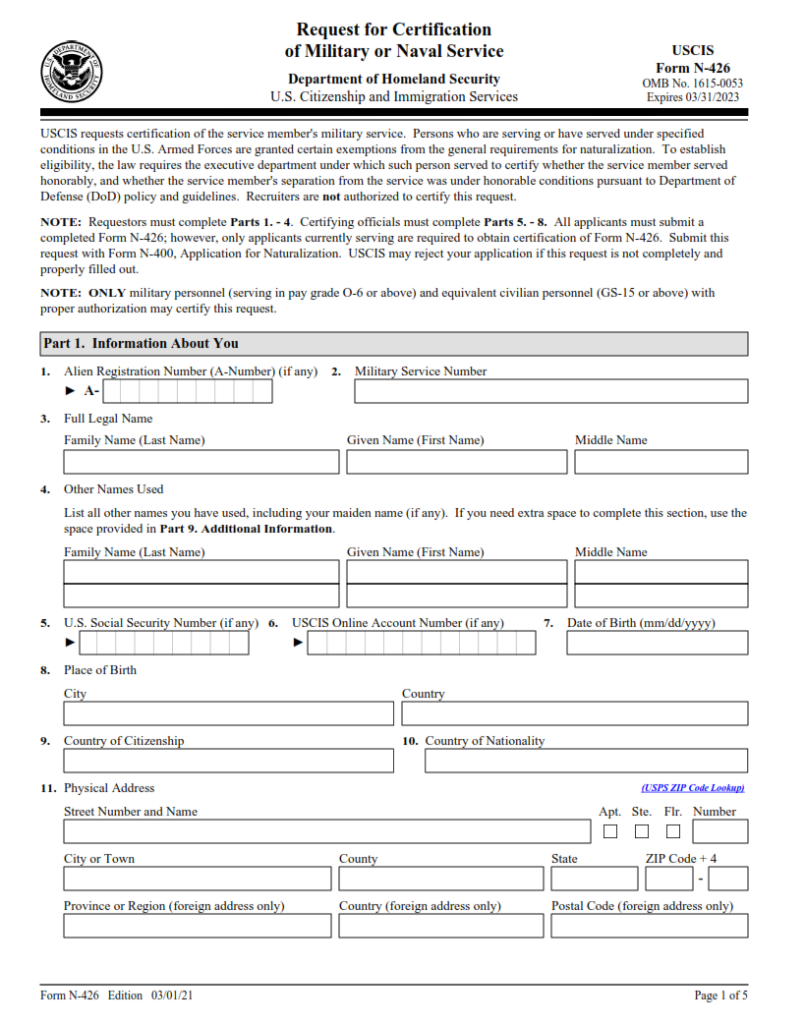 N-426 Form – Request for Certification of Military or Naval Service ...