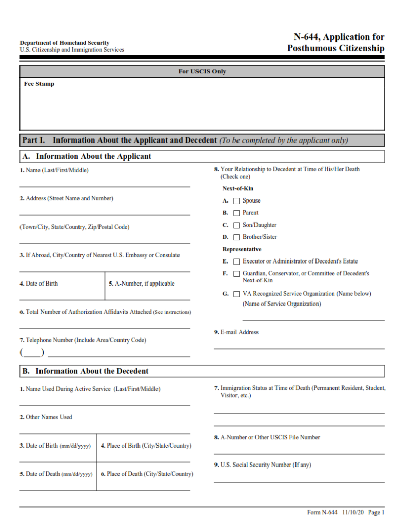 N-644 Form – Application for Posthumous Citizenship | Finder Doc